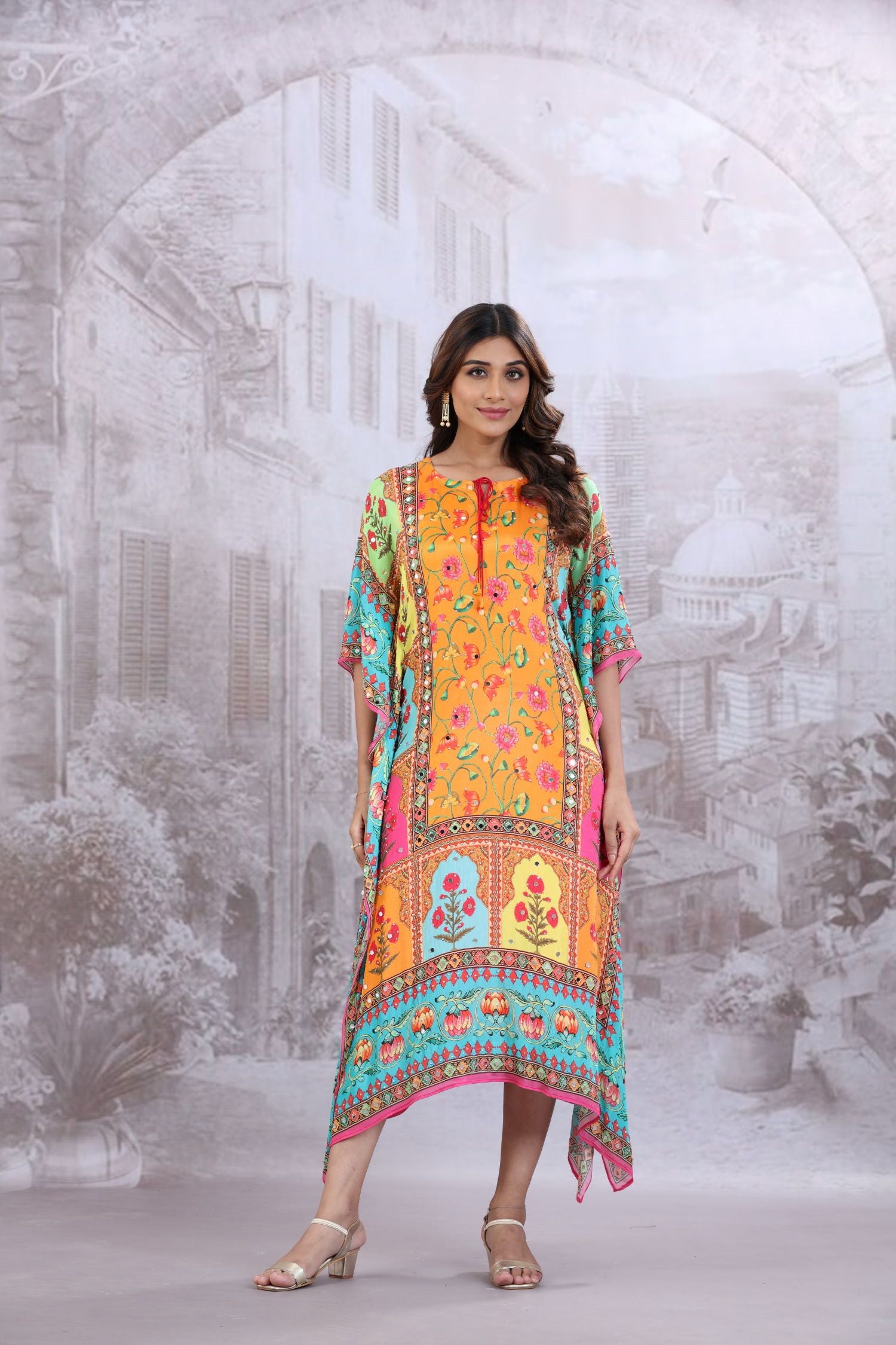 BRIGHT DIGITAL PRINT KAFTAN WITH MIRROR WORK