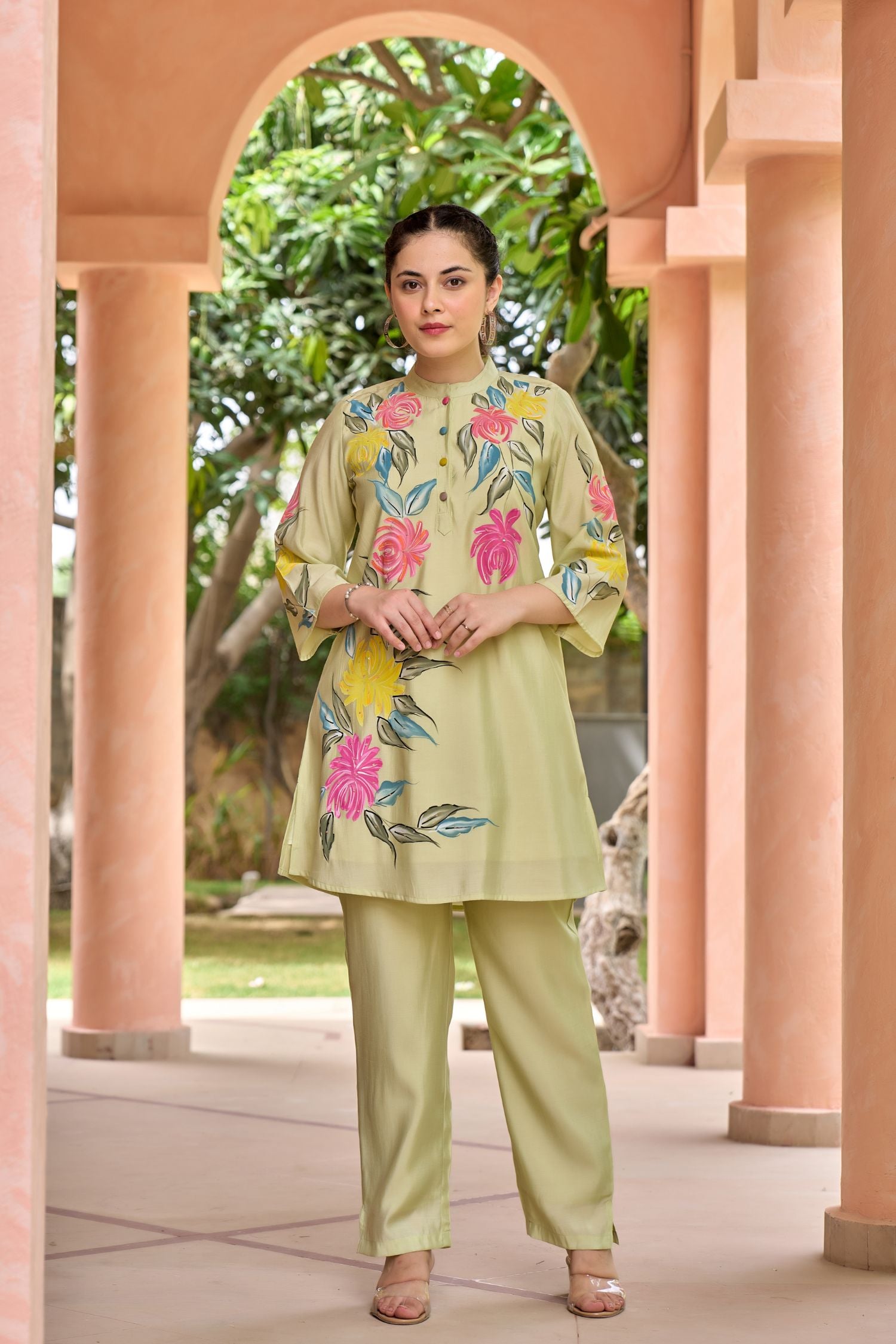 Pista Green Cord Set with Floral Print Top and Solid Bottom
